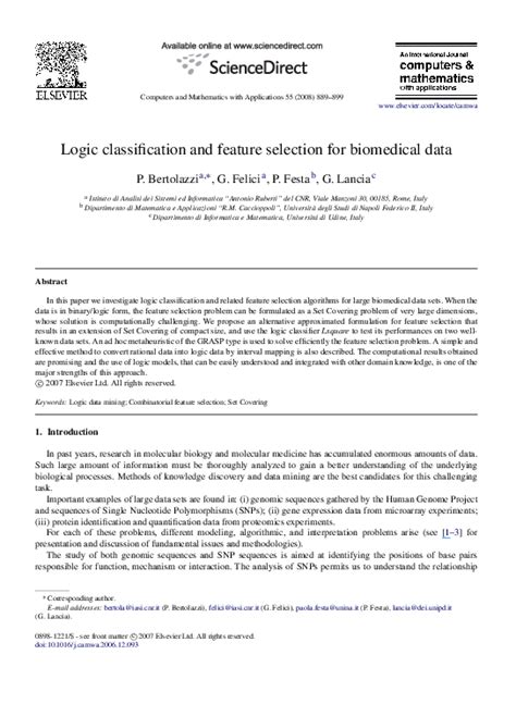 Pdf Logic Classification And Feature Selection For Biomedical Data