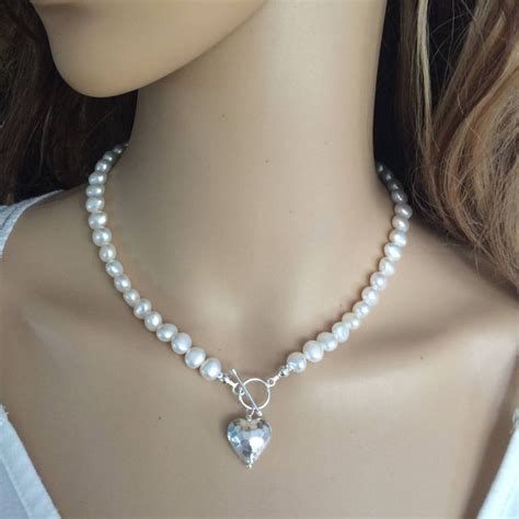 White Freshwater Pearl Necklace Sterling Hammerd Heart Toggle Etsy Uk