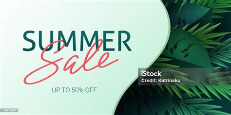 안녕하세요 여름 여름철 열 대 식물의 배경에 대 한 텍스트 포스터입니다 손바닥과 몬스 테라 잎 정글 잎과 필기 글자 판매 포스터와 폭력물 기호입니다 벡터 일러스트입니다 양치