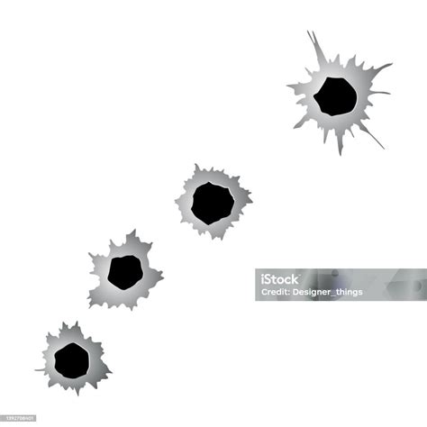총알 구멍이 설정됩니다 비뚤어진 구멍 손상 및 단색의 총알에서 표면에 균열이 생깁니다 흰색 배경에 고립된 벡터 일러스트 레이 션 개체 그룹에 대한 스톡 벡터 아트 및 기타