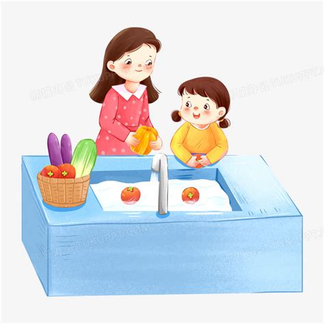 手绘妈妈教孩子洗菜元素PNG图片素材下载 妈妈PNG 熊猫办公
