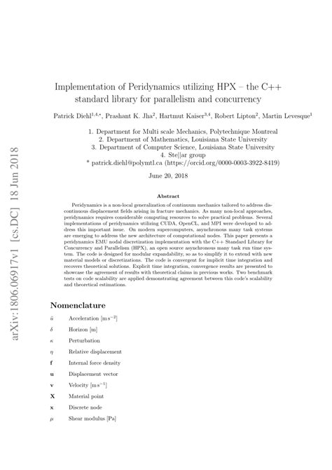 Pdf Implementation Of Peridynamics Utilizing Hpx The C Standard Library For Parallelism