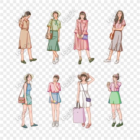 夏日穿搭手繪卡通女孩子們psd圖案素材免費下載，圖片尺寸3000 × 3000px Lovepik