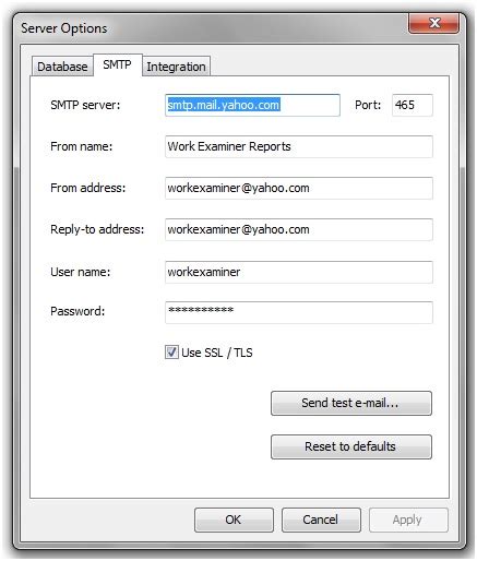 SMTP Settings Help Work Examiner