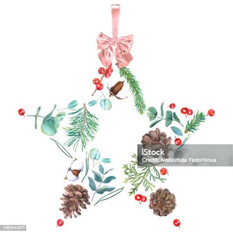 분홍색 리본 활 호랑가시나무 원뿔 Thuja 전나무 소나무 가지 유칼립투스 면화 덩어리가 있는 별 모양의 크리스마스 카드 고립 된 배경에 손으로 그린 수채화 그림