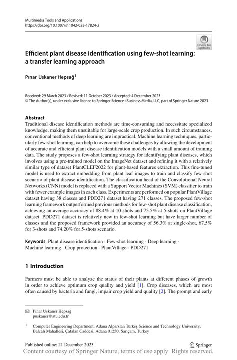 Efficient Plant Disease Identification Using Few Shot Learning A Transfer Learning Approach