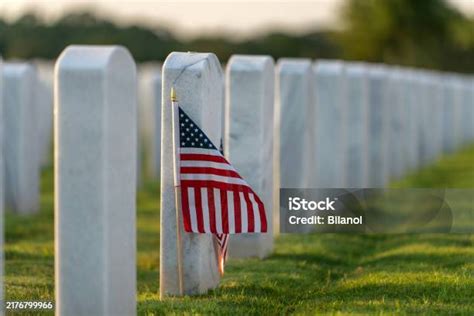 군사 매장 비석 새러소타 국립묘지에는 푸른 잔디 위에 하얀 무덤 돌과 미국 국기가 줄지어 있습니다 메모리얼 데이 컨셉 미국 메모리얼 데이에 대한 스톡 사진 및 기타 이미지