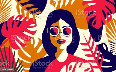 트렌디 한 트렌디 한 색상의 화려한 나뭇잎에 선글라스를 착용 한 아름다운 소녀의 초상화 여자에 대한 스톡 벡터 아트 및 기타