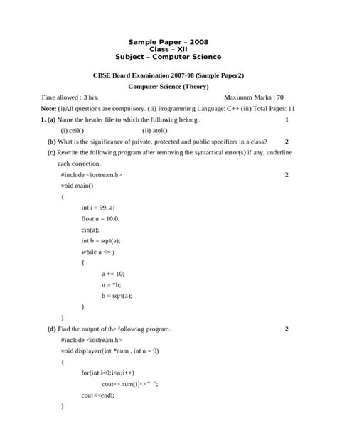 SAMPLE PAPER IX Class XII Computer Science SEE PDF Doc Template