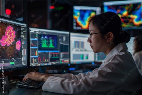 A Woman Is Seated In Front Of A Computer Monitor Analyzing Data On Digital Displays Showcasing