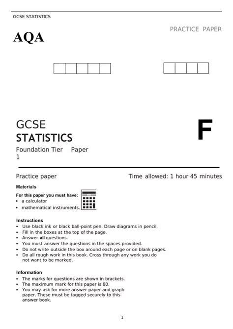 Aqa Gcse Statistics Foundation Tier Paper 1 Practice Paper 1 F May 2023 Statistics 8382 1f