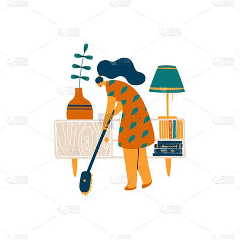 女人 绘画插图 卡通 平坦的 矢量 拖把 室内地面 住宅房间 可爱的 背景分离