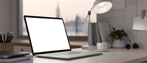 클로즈업 노트북 노트북 모형 테이블 램프 커피 컵 테이블 위의 문구류 3차원 형태에 대한 스톡 사진 및 기타 이미지 3차원 형태 공란 노트북 Istock