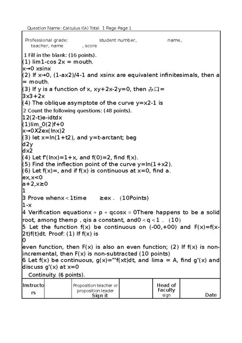 Calculus I A Question Name Calculus I A Total Page Page Professional Grade Student