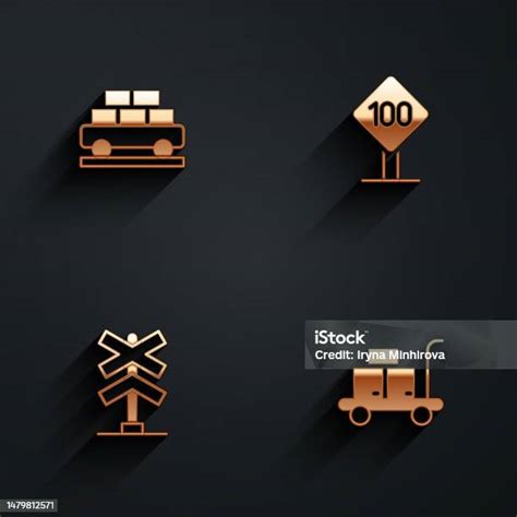 화물 열차 마차 속도 제한 교통 표지판 100km 철도 건널목 및 긴 그림자가 있는 트롤리 여행 가방 아이콘을 설정합니다 벡터 0명에 대한 스톡 벡터 아트 및 기타 이미지