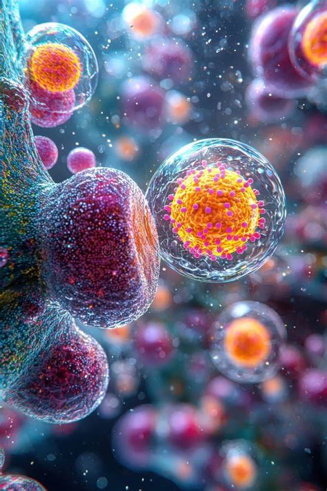 colorful microscopic close up of human cells in a dynamic environment