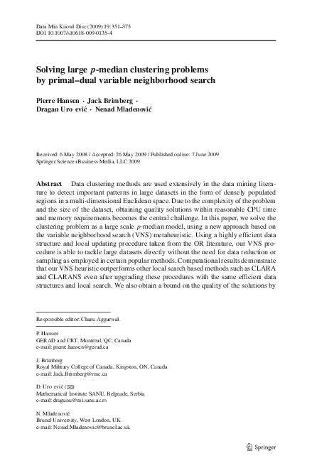Pdf Solving Large P Median Clustering Problems By Primaldual