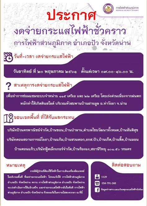 งดจ่ายกระแสไฟฟ้าชั่วคราว ประกาศการไฟฟ้าส่วนภูมิภาคอำเภอปัว เรื่องของดจ่ายกระแสไฟฟ้าชั่วคราว