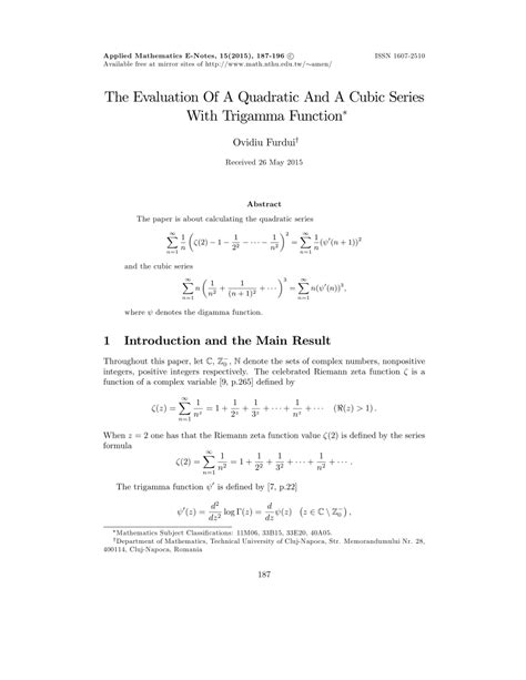 Pdf The Evaluation Of A Quadratic And A Cubic Series With Trigamma Function