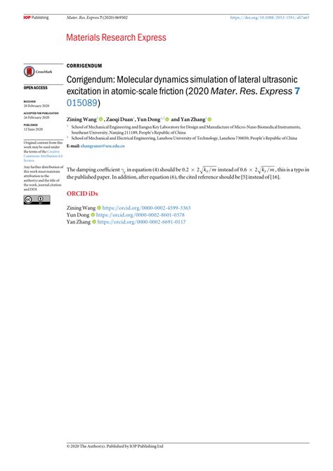 Pdf Corrigendum Molecular Dynamics Simulation Of Lateral Ultrasonic Excitation In Atomic