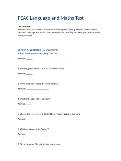 Peac Language And Maths Test Pdf