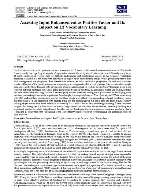 Assessing Input Enhancement As Positive Factor And Its Impact On L2 Vocabulary Learning Pdf