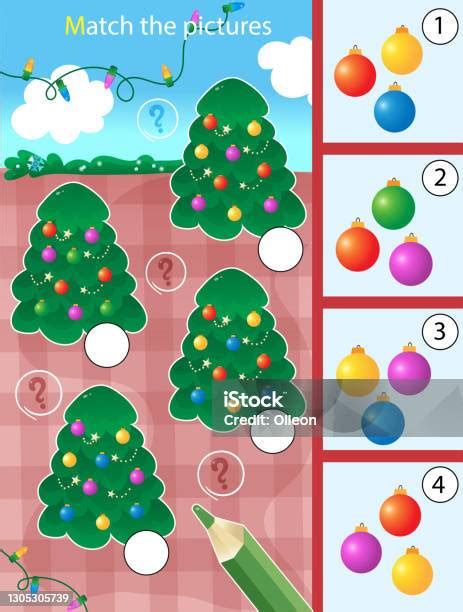 일치하는 게임 아이들을위한 교육 게임 아이들을위한 퍼즐 요소별로 일치합니다 풍선과 화환 크리스마스 트리 새해 미취학 아동을위한 워크 시트 0명에 대한 스톡 벡터 아트 및