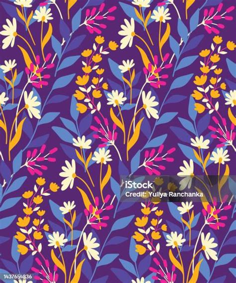 겨울 정원이 있는 매끄러운 꽃 패턴 야생 식물이 있는 귀여운 꽃 배경 디자인 꽃 잔디 파란색 나뭇잎 벡터 겨울에 대한 스톡 벡터 아트 및 기타 이미지 Istock