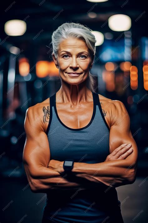 Premium Photo Older Woman Bodybuilder Posing For Picture With Her