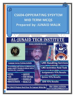 CS614 Midterm Solved MCQS By Junaid CS614 DATA WEARHOUSING SOLVED MCQs FROM MIDTERM PAPERS