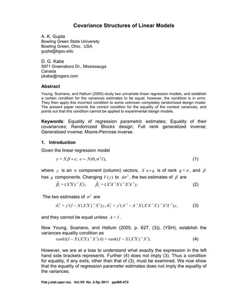 Pdf Covariance Structures Of Linear Models