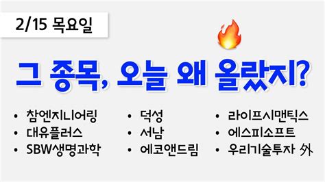 오늘 상한가 급등 종목과 이유 참엔지니어링 덕성 대유플러스 Sbw생명과학 서남 에코앤드림 라이프시맨틱스 에스피소프트 우리기술투자 Youtube