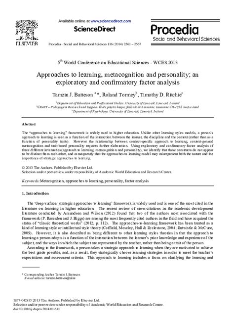 Pdf Approaches To Learning Metacognition And Personality An Exploratory And Confirmatory