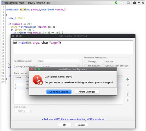 C Ghidra Error When Edit Main Signature Function Reverse