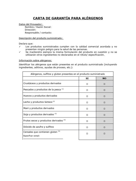 Carta De Garantía Para Alérgenos Pdf Cereales Leche