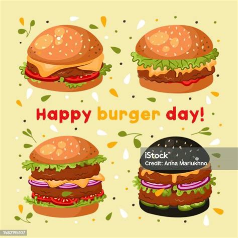 해피 버거 데이 스티커 만화 스타일의 다른 햄버거 패스트 푸드 레스토랑에 적합합니다 벡터 햄버거에 대한 스톡 벡터 아트 및 기타 이미지 Istock