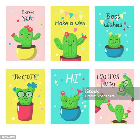 귀여운 재미 있는 선인장 및 따옴표와 함께 카드의 벡터 세트 격언에 대한 스톡 벡터 아트 및 기타 이미지 격언 귀여운 기 Istock