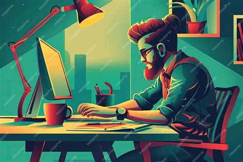 Premium Photo A Man Sitting At A Desk Working On A Computer