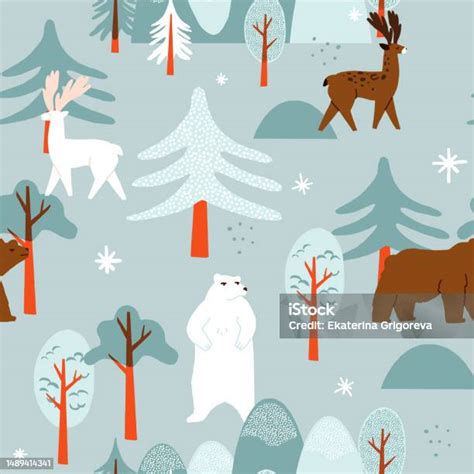 눈 덮인 숲 전나무 사이에 있는 북극곰 회색곰 숲 속의 사슴이 있는 귀여운 겨울 매끄러운 패턴 어린이 벡터 반복 배경 벽지 직물 포장지 눈 냉동상태의 물에 대한 스톡 벡터