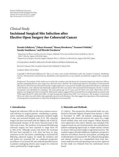 Pdf Incisional Surgical Site Infection After Elective Open Surgery For Colorectal Cancer