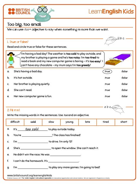 Grammar Practice Too Big Too Small Worksheet Pdf Linguistics