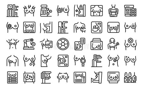 Mammogram Icons Set Outline Vector Woman Cancer Stock Illustration