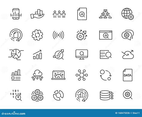 set of linear data processing icons analysis icons in simple design
