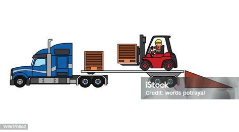벡터 그림 색깔 지게차와 상자를 가진 아이들 건축 트레일러 트럭 교통수단에 대한 스톡 벡터 아트 및 기타 이미지 교통수단 기계류 나무 상자 Istock