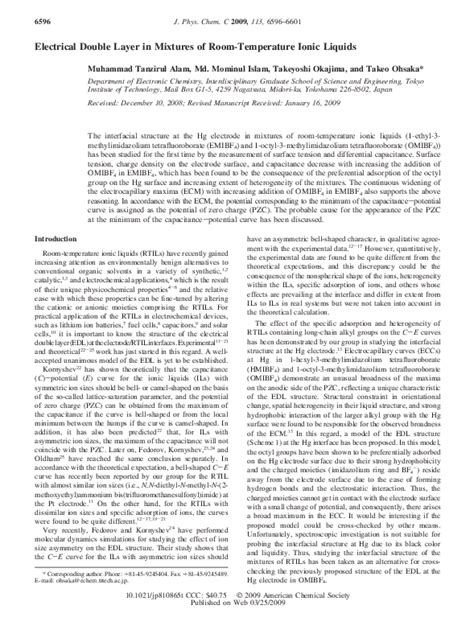 Pdf Electrical Double Layer In Mixtures Of Room Temperature Ionic Liquids Mdmominul Islam
