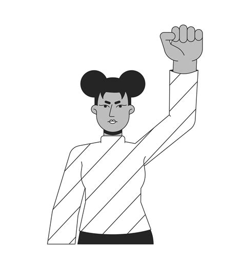 Young Woman Clenching Fist And Protest Flat Line Black White Vector Character Equal Right