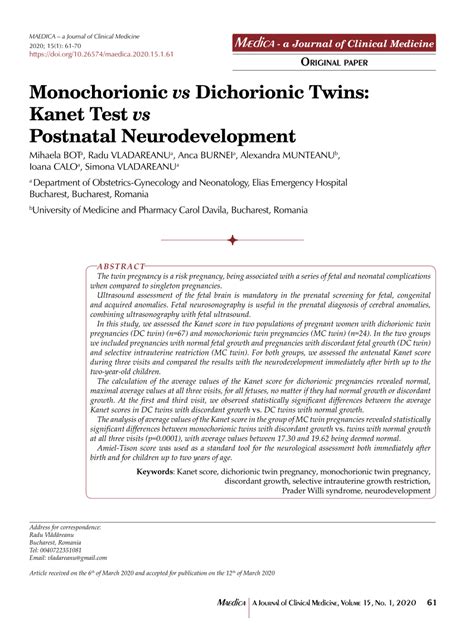 Pdf Monochorionic Vs Dichorionic Twins Kanet Test Vs Postnatal Neurodevelopment