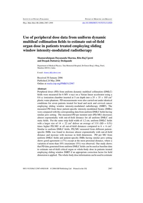 Pdf Use Of Peripheral Dose Data From Uniform Dynamic Multileaf Collimation Fields To Estimate