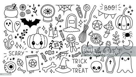 할로윈 낙서 요소가 설정되었습니다 귀여운 할로윈 벡터 컬렉션입니다 모든 성인의 날 호박 유령 마녀 모자에 대한 손으로 그린 그림 10월에 대한 스톡 벡터 아트 및 기타