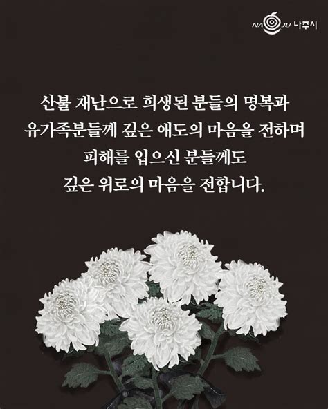 나주시청 산불 재난으로 희생된 분들의 명복과 유가족분들께 깊은 애도의 마음을 전하며 피해를 입으신 분들께도 깊은 위로의 마음을 전합니다 나주시 올림 Facebook